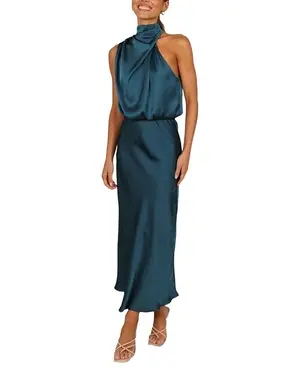 PETAL AND PUP Anabelle Halter Neck Midi Dress - Teal