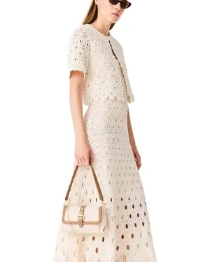 Maje Fringed Crochet Crewneck Cardigan