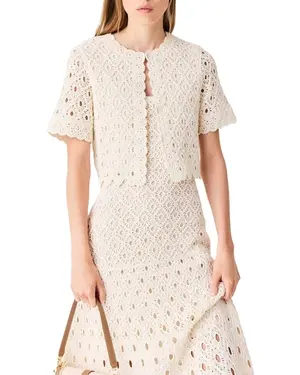 Maje Fringed Crochet Crewneck Cardigan