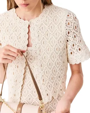 Maje Fringed Crochet Crewneck Cardigan