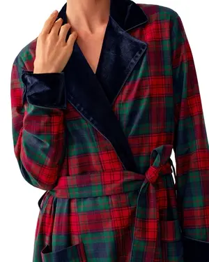 PETITE PLUME Cotton Plaid Velvet Trim Wrap Robe