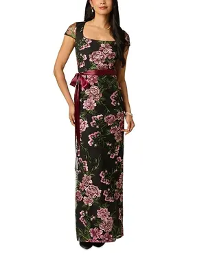 Adrianna Papell Satin Belt Jacquard Column Gown