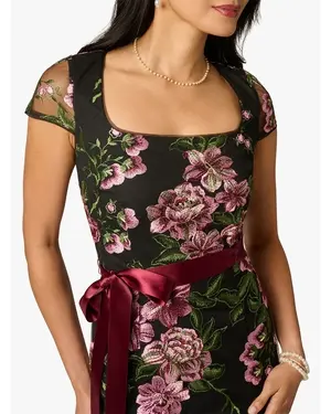 Adrianna Papell Satin Belt Jacquard Column Gown