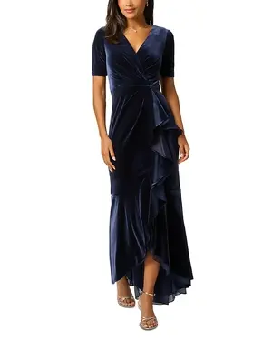 Adrianna Papell Stretch Velvet Cascade Ruffle Gown