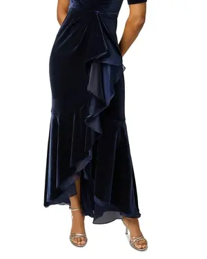 Adrianna Papell Stretch Velvet Cascade Ruffle Gown