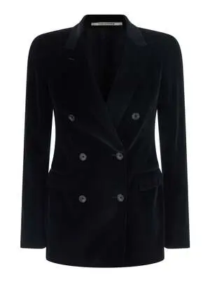 Tagliatore Velvet Blazer Jacket With Classic Collar And Long Sleeves - Black