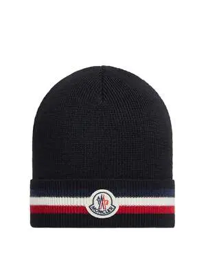 Moncler Mini Stockinette Stitch Beanie With Tricolour Trim And Logo Patch
