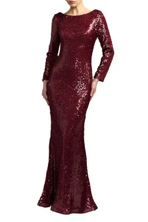 Mac Duggal Petite Long Sleeve Cowl Back Sequin Gown