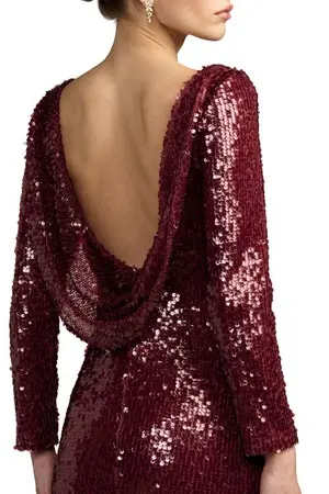 Mac Duggal Petite Long Sleeve Cowl Back Sequin Gown