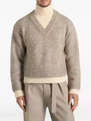 Manière De Voir Jacques In Taupe Double-layer Wool-blend V-neck Knit Jumper - Brown