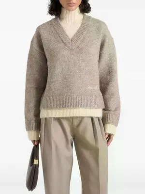 Manière De Voir Jacques In Taupe Double-layer Wool-blend V-neck Knit Jumper