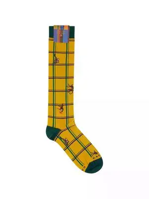 GALLO Check-pattern Monkey-motif Socks - Yellow