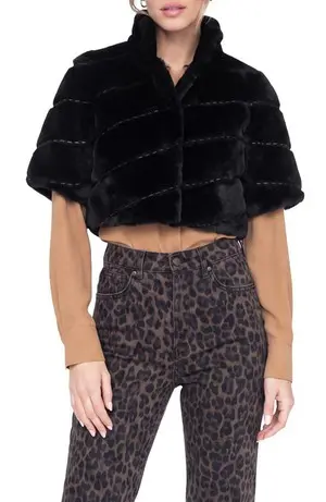 Gorski Genuine Shearling Diagonal Bolero With Cropped Sleeves - Black