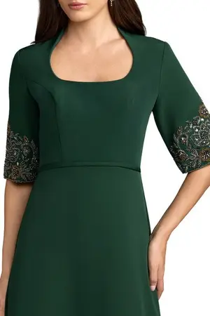 Mac Duggal Scoop Neck Beaded Cuff Crepe Gown
