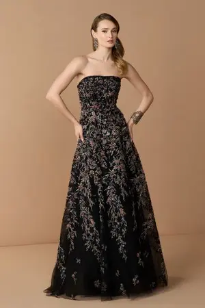 Mac Duggal Floral Embellished Strapless Gown