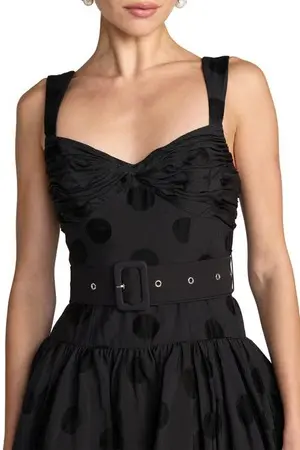 Mac Duggal Sleeveless Polka Dot Belted Midi Dress