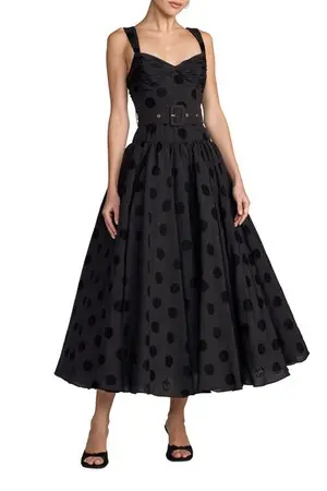 Mac Duggal Sleeveless Polka Dot Belted Midi Dress - Black