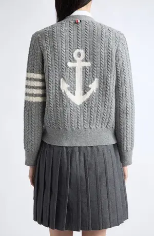 Thom Browne Anchor Intarsia Cable Knit Cardigan - Light Grey