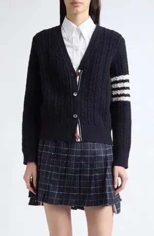 Thom Browne Anchor Intarsia Cable Knit Cardigan - Navy