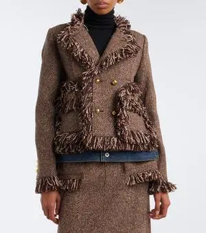 Sacai Fringed Tweed And Denim Jacket