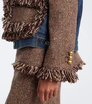 Sacai Fringed Tweed And Denim Jacket