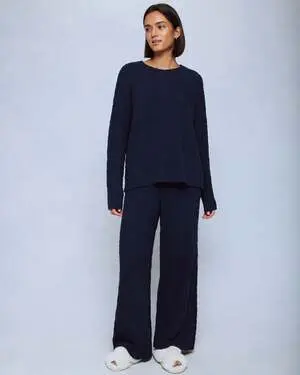 Splendid Fuzzy Cable Knit Sweater Wide Leg Pj Set - Navy