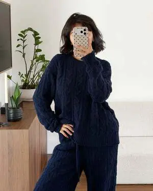 Splendid Fuzzy Cable Knit Sweater Wide Leg Pj Set - Navy