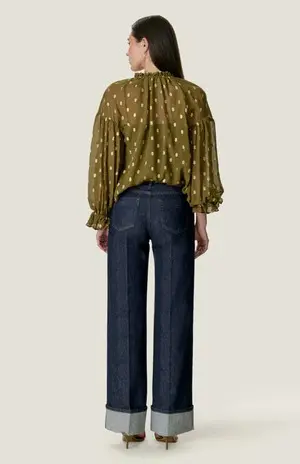 Rebecca Taylor Tiana Metallic Dot Longsleeve Top - Olive