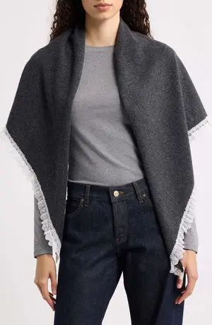 GANNI Lace Trim Triangular Xx-large Wool Scarf - Phantom