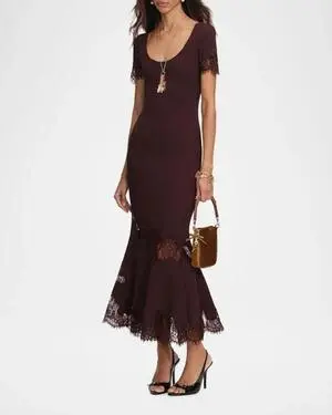 SELF-PORTRAIT Lace-trim Rib-knit Midi Dress - Brown