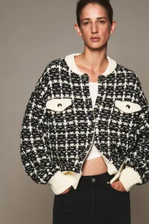 H&M Oversized Bouclé-knit Cardigan - Black/patterned