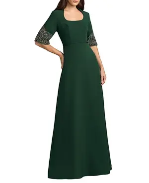 Mac Duggal Scoop Neck Beaded Cuff Crepe Gown - Deep Green