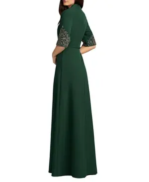 Mac Duggal Scoop Neck Beaded Cuff Crepe Gown