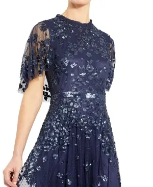 Mac Duggal Petite Sequined High Neck Flutter Sleeve A Line Gown