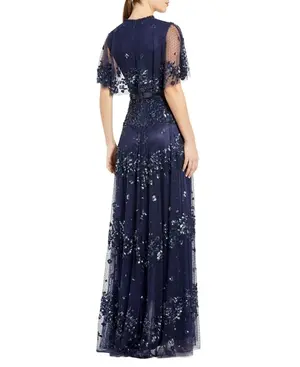 Mac Duggal Petite Sequined High Neck Flutter Sleeve A Line Gown