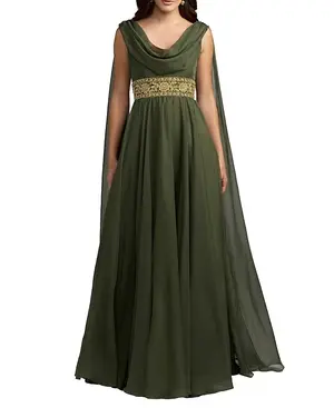 Mac Duggal Cowl A-line Gown With Beaded Belt