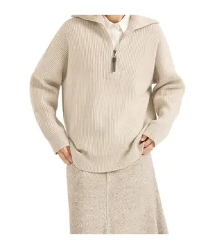 Brunello Cucinelli Cashmere English Rib Sweater With Shiny Zipper Pull - Beige