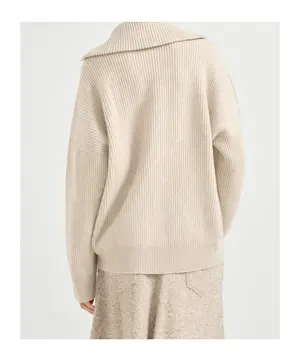 Brunello Cucinelli Cashmere English Rib Sweater With Shiny Zipper Pull - Beige