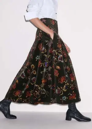 ME+EM Velvet Floral Garden Print Maxi Skirt - Green Multi