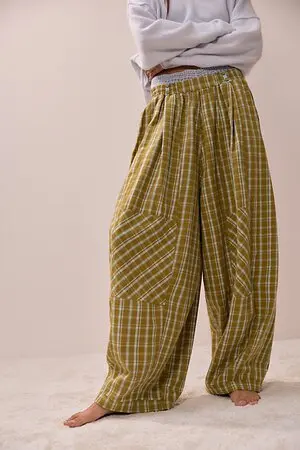 Free People Late Checkout Flannel Wide-leg Pj Pants - Army Combo