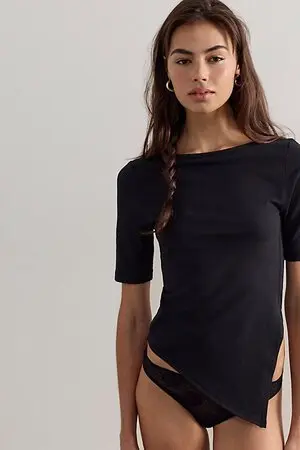 Free People Easy Rotation Asymmetrical Half-Sleeve Shirt Fp Black