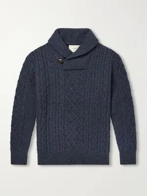 Purdey Shawl-collar Aran Cable-knit Wool Sweater - Blue