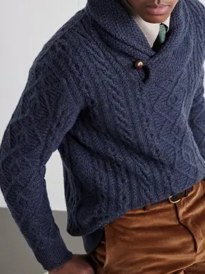 Purdey Shawl-collar Aran Cable-knit Wool Sweater