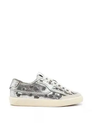 AUTRY Floral-print Crackled-leather Sneakers - Silver