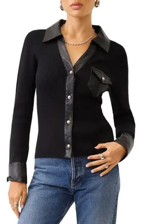 Fifteen Twenty Isabella Faux Leather Trim Ribbed Top - Black
