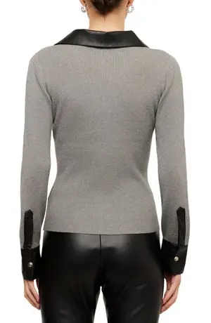 Fifteen Twenty Isabella Faux Leather Trim Ribbed Top - Gray