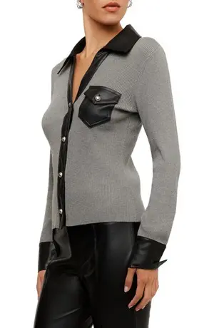 Fifteen Twenty Isabella Faux Leather Trim Ribbed Top - Gray