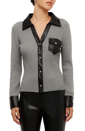 Fifteen Twenty Isabella Faux Leather Trim Ribbed Top - Gray