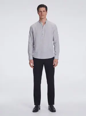 MOEVA Matteo Linen Half-placket Band Collar Shirt Grey