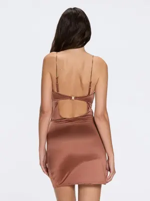 MOEVA Solea Satin Mini Dress With Gold Chain Strap Detail - Brown